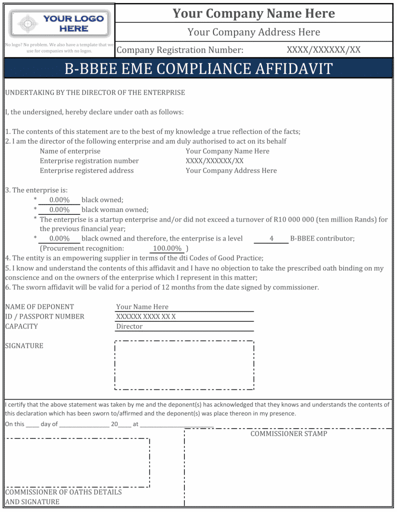 B-BBEE QSE Affidavit - SA Company Registrations